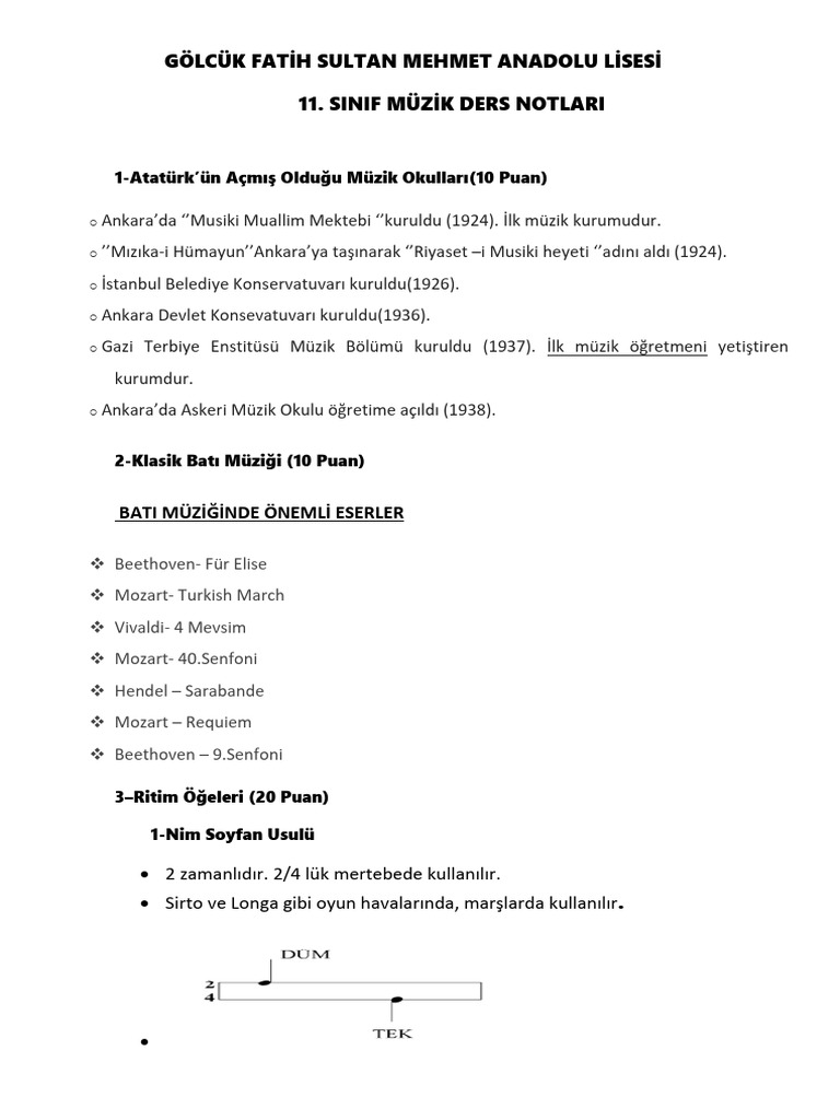 Sinif Müzi̇k Ders Notlari 2.dönem 2024 | PDF