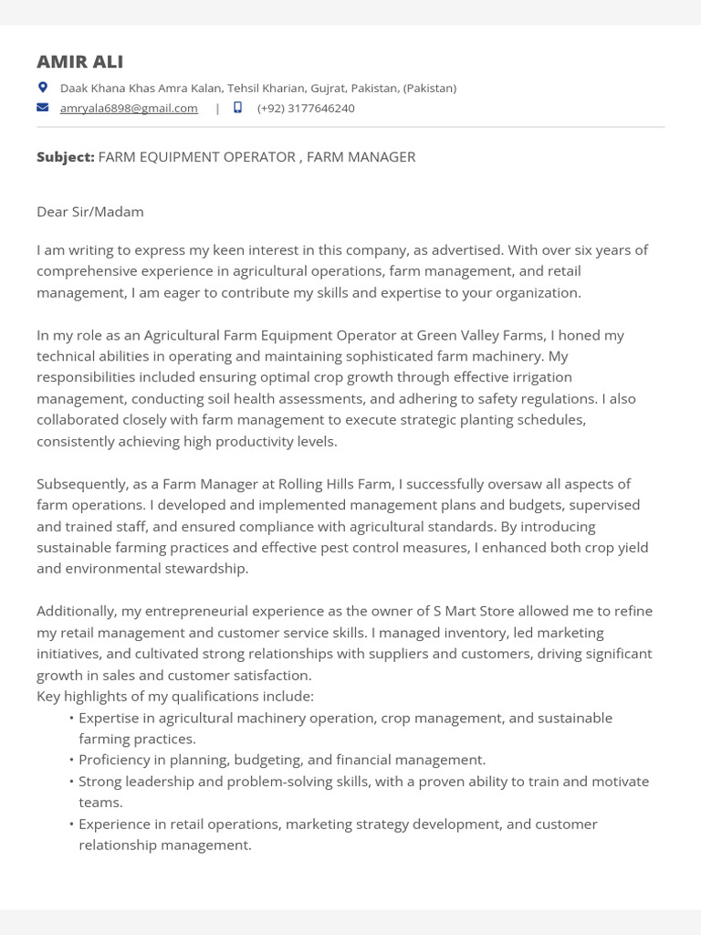 AMIR ALI Cover Letter Agriculture | PDF | Agriculture | Agricultural ...