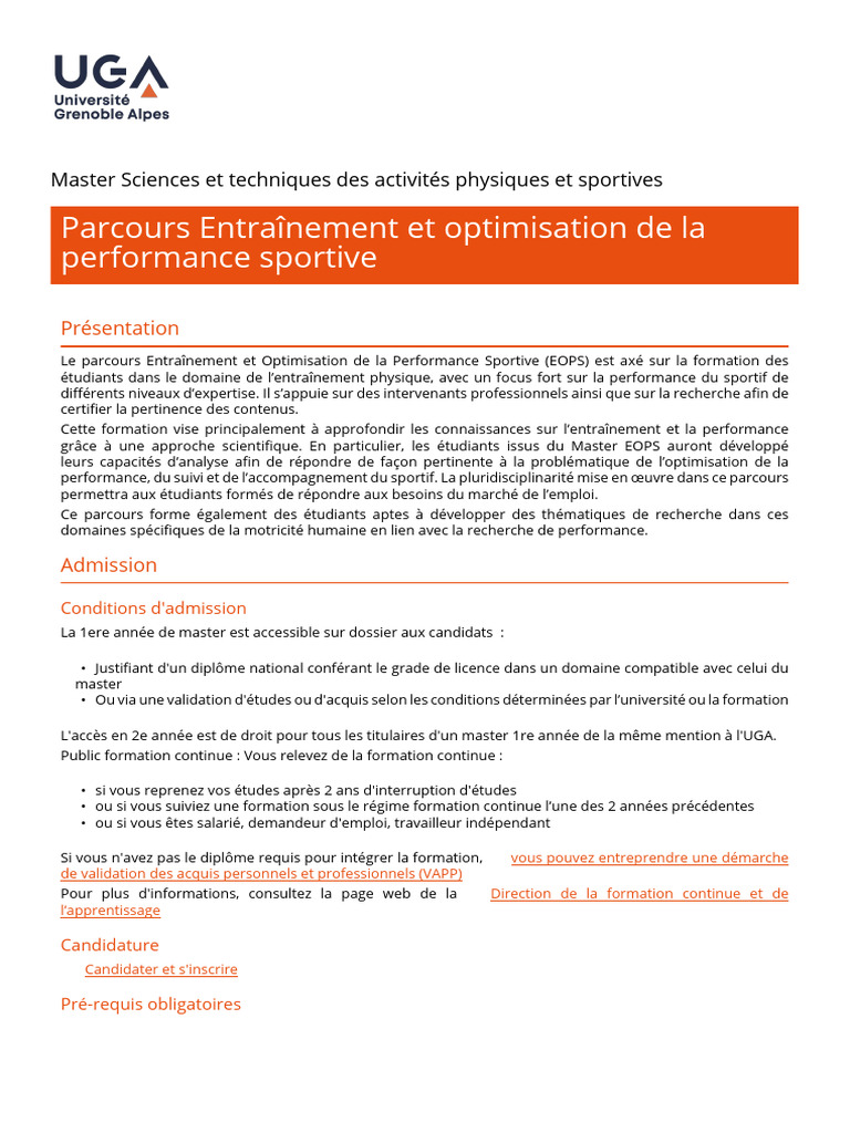 Parcours Entraînement Et Optimisation de La Performance Sportive | PDF