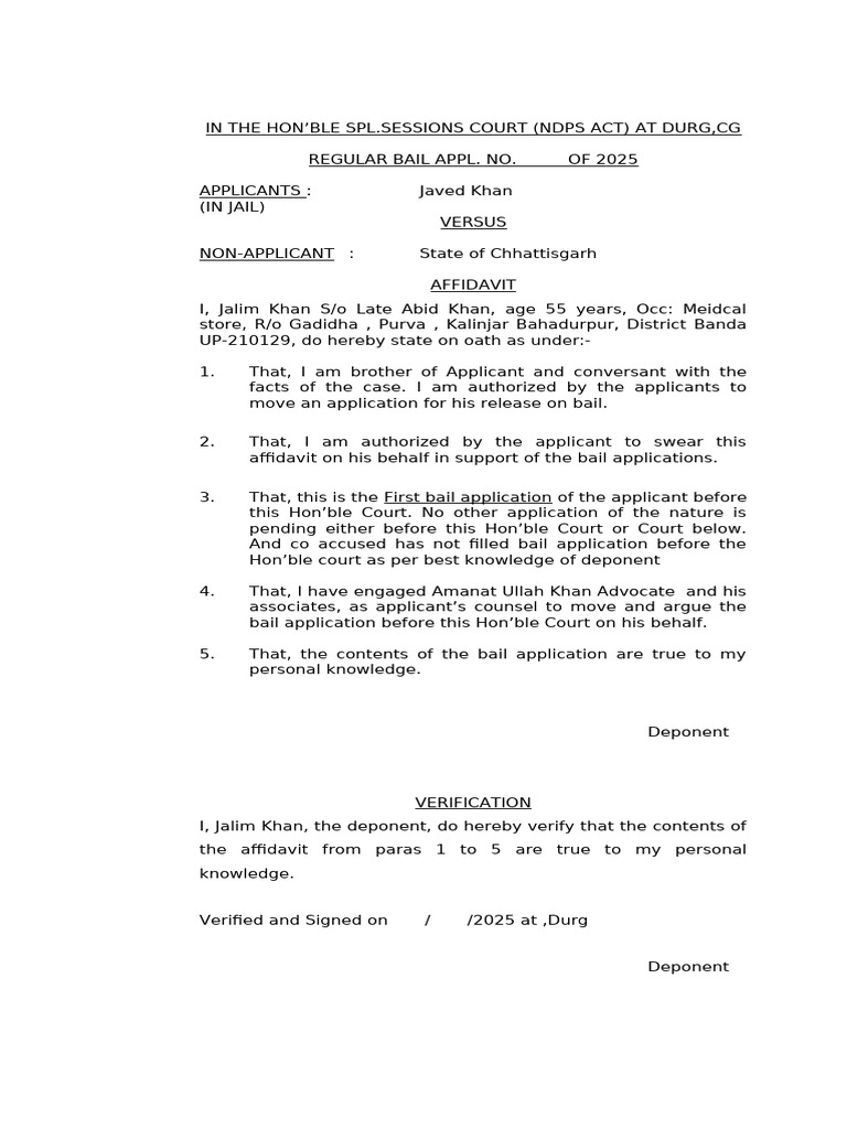 Javed Sessions Affidavit in Bail (MCRC) | PDF