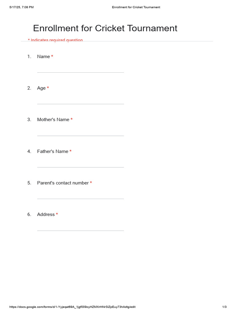 Cricket Tournament Registration Form | PDF