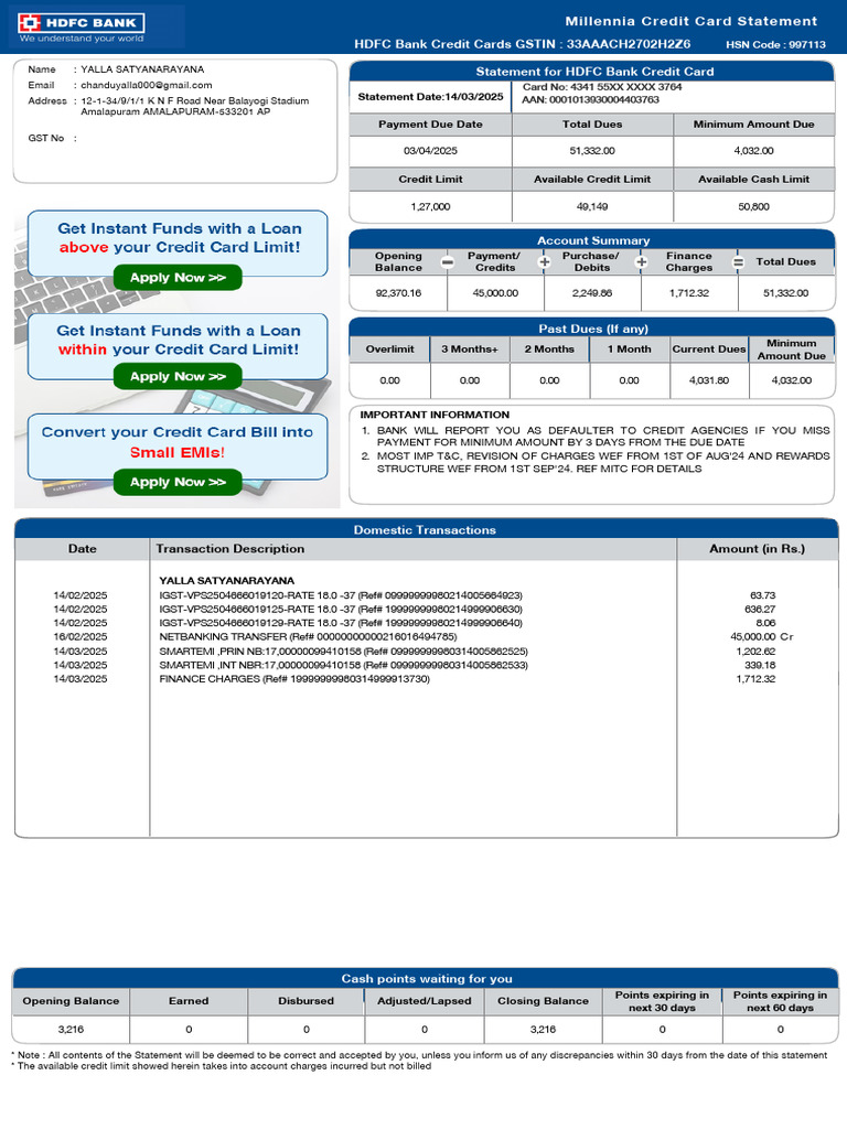 HDFC Bank Millennia Credit Card Statement | PDF | Credit Card | Banks