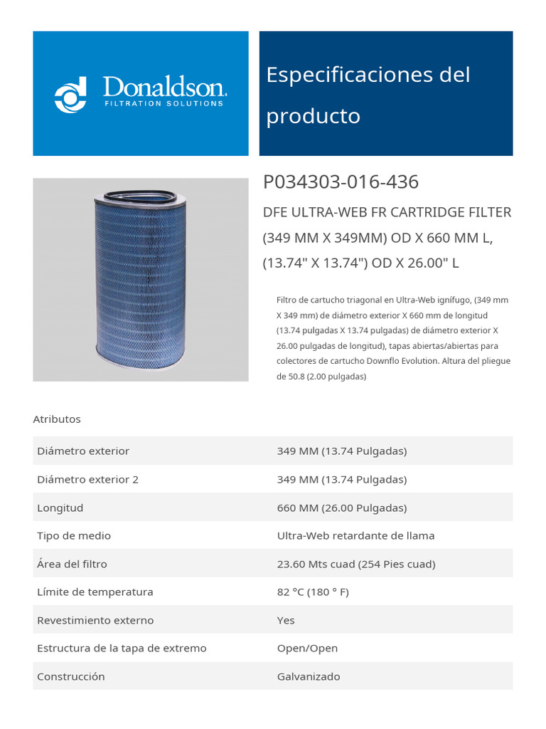 Filtro Cartucho DFE Ultra-Web 349x660 mm | PDF
