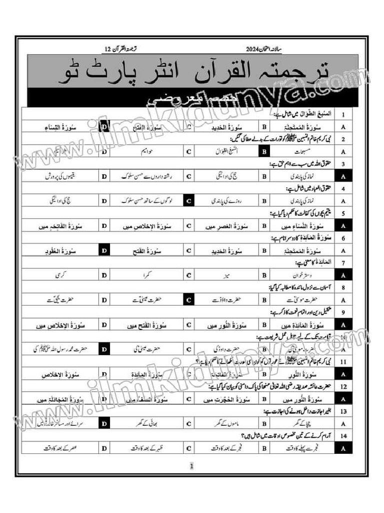 2nd Year Tarjma Tul Quran Most Important MCQ For All Punjab Boards 2024 | PDF