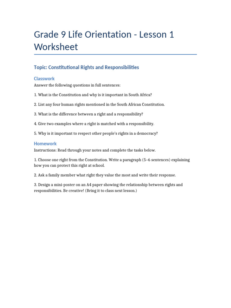 Lesson 1 Worksheet Rights and Responsibilities | PDF