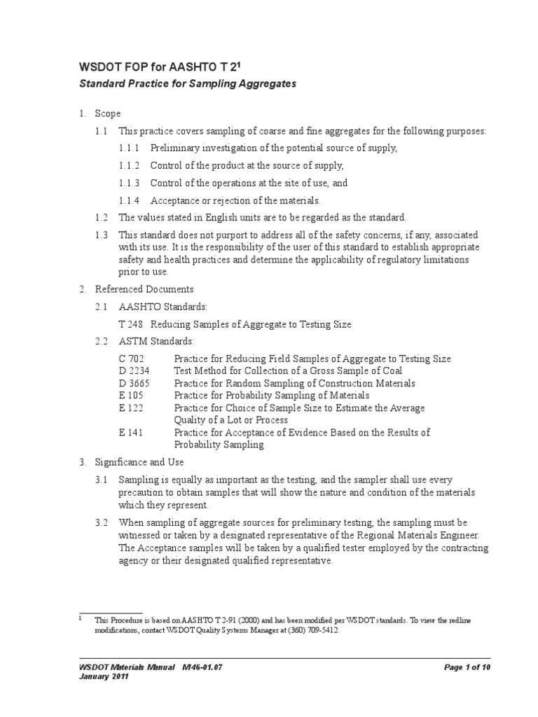 Wsdot Fop For Aashto T 2: Standard Practice For Sampling Aggregates ...