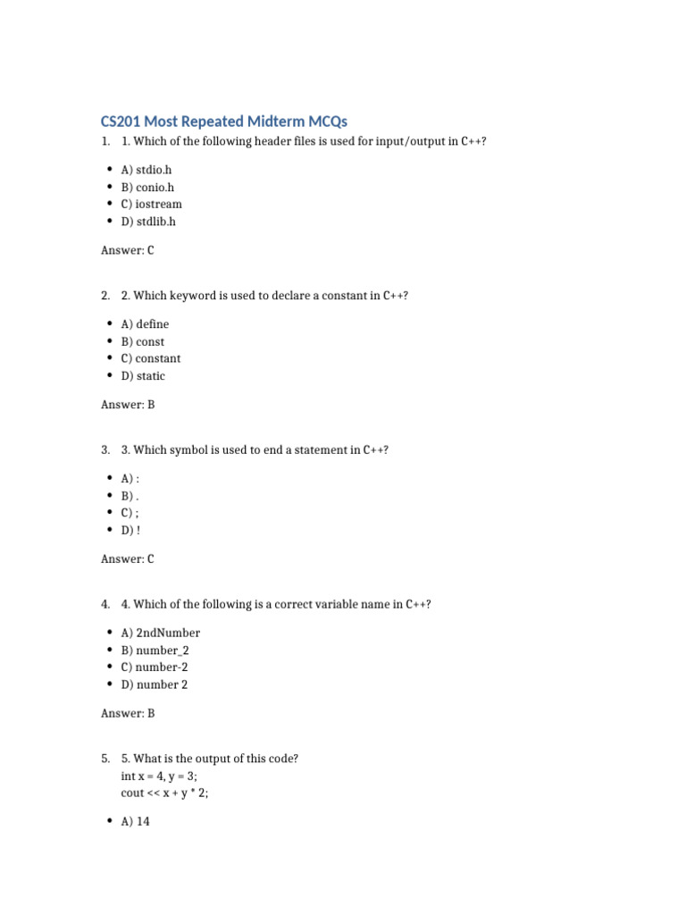 CS201 Repeated Midterm MCQs | PDF