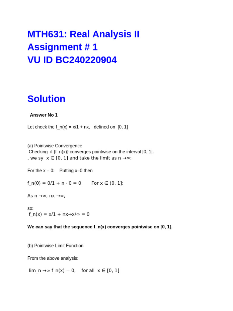 Spring 2025 - MTH631 - 1 - BC240220904 | PDF | Limit (Mathematics) | Mathematics