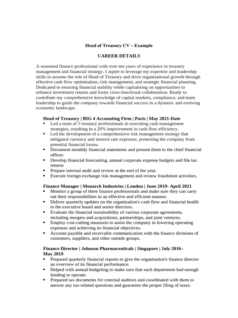 Head of Treasury CV Example Final | PDF | Banks | Financial Risk