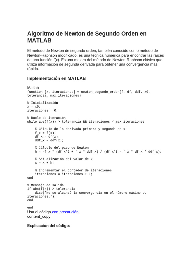 Algoritmo de Newton de Segundo Orden en MATLAB | PDF | Series (Matemáticas) | Iteración