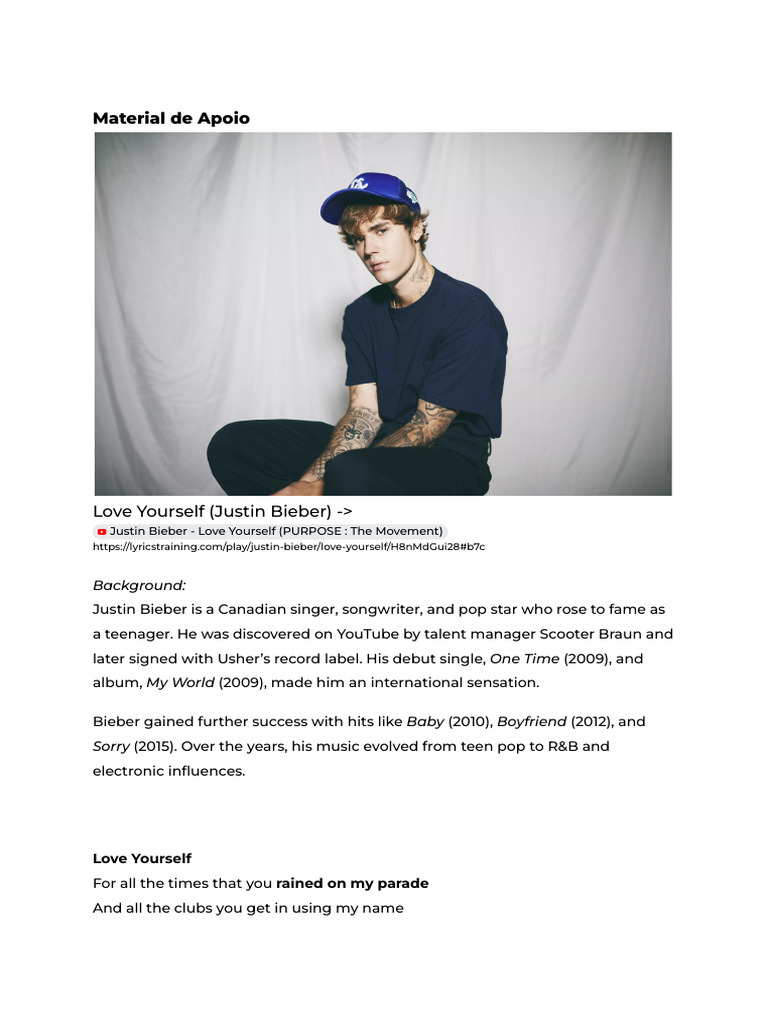 Material de Apoio - Love Yourself (Justin Bieber) | PDF