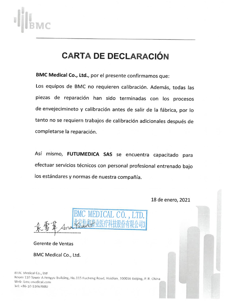 CARTA DE DECLARACION - Calibracion | PDF