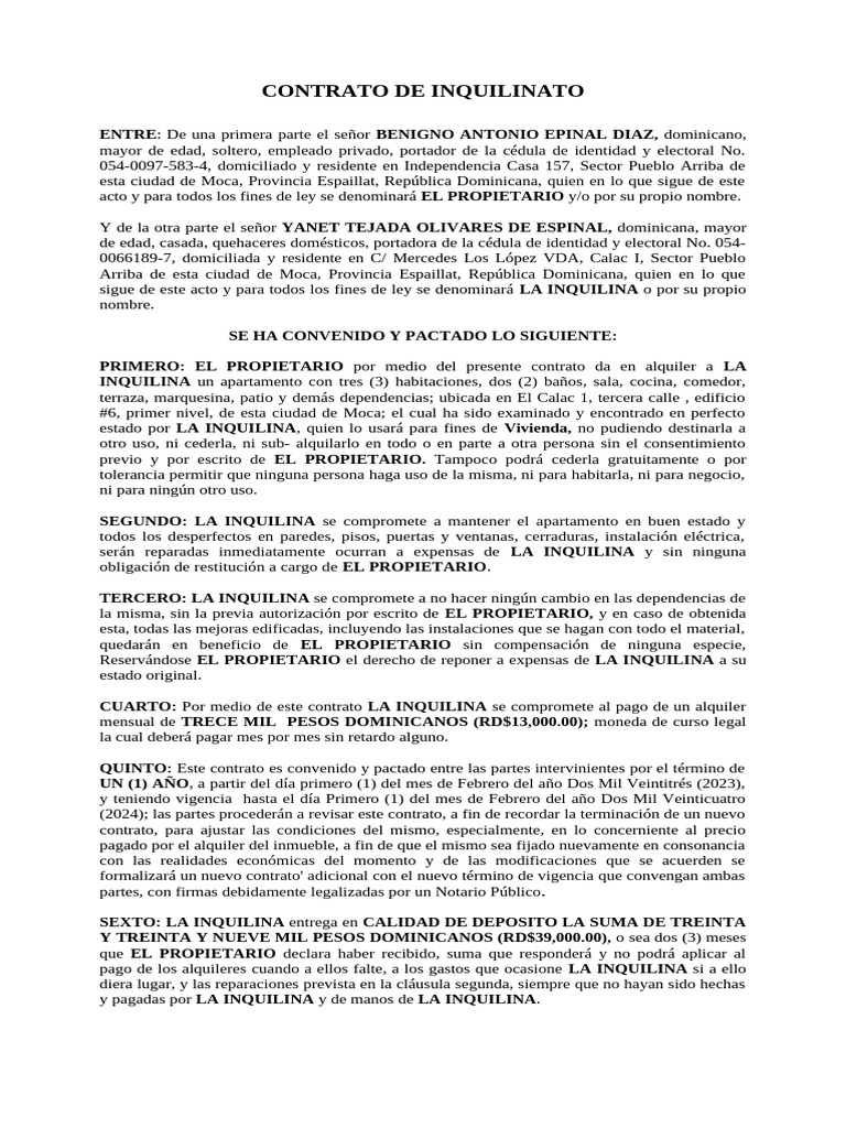 Contrato de Inquilinato Yanet Tejada Olivares de Espinal | PDF ...