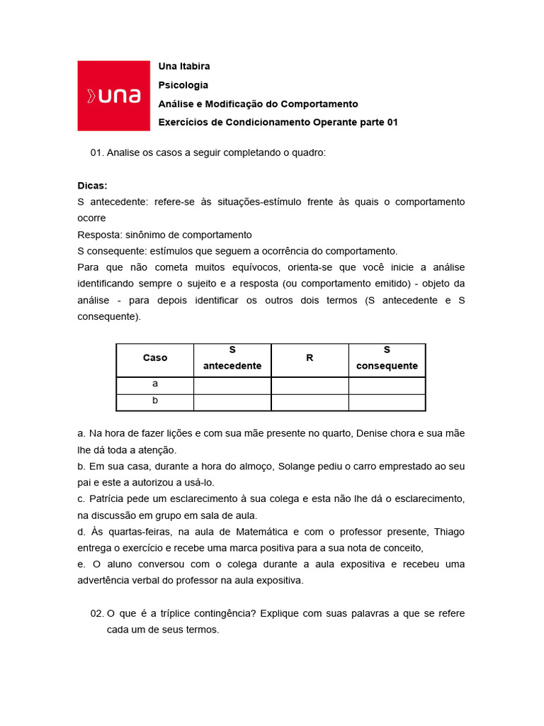 Aula 04 - Exercícios de Condicionamento Operante 1 | PDF ...