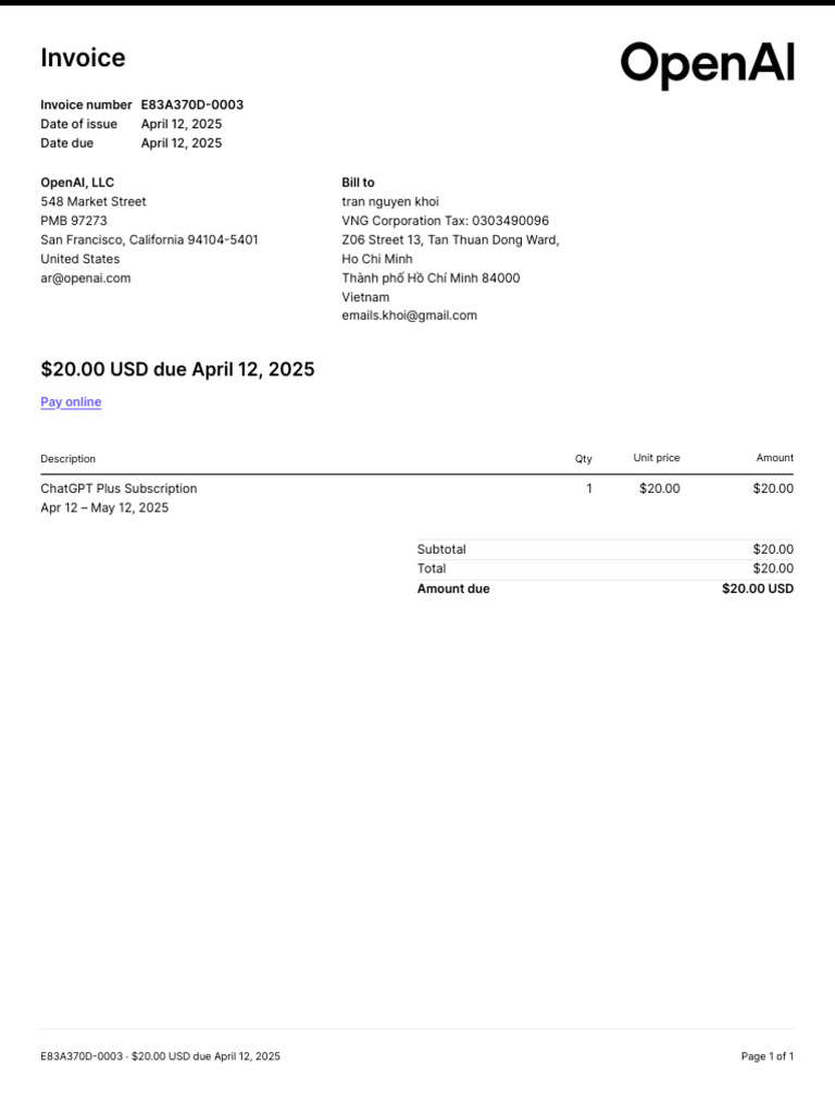 ChatGPT April Invoice | PDF
