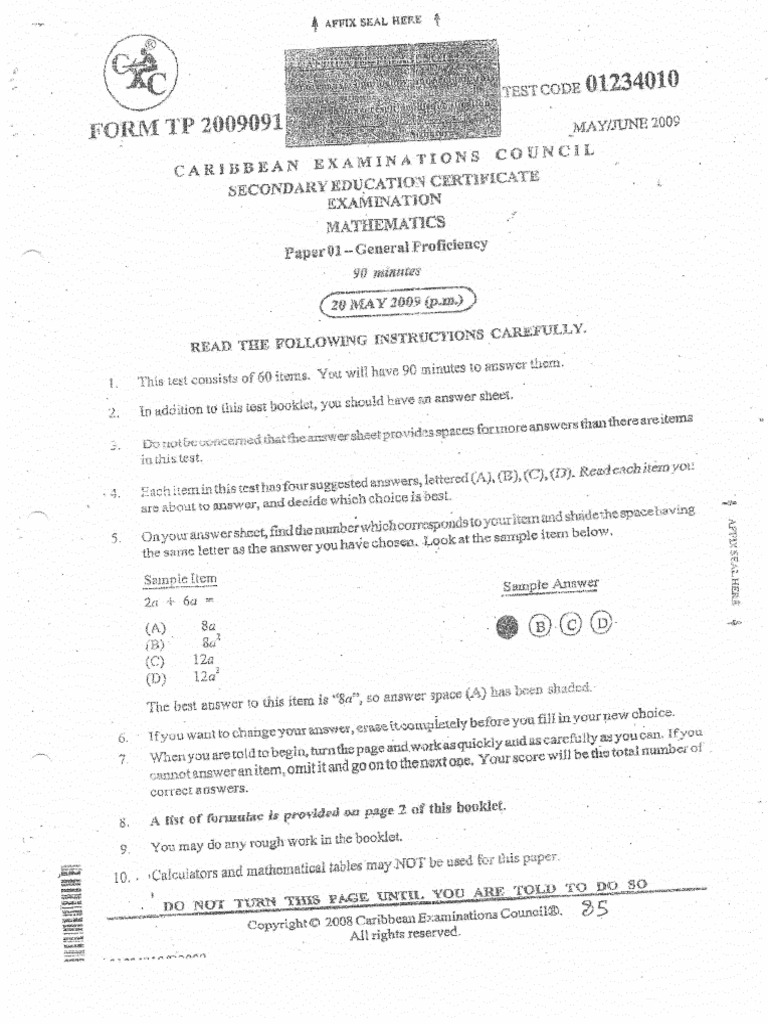CXC - CSEC Math Paper 1 2009 - 2012 | PDF