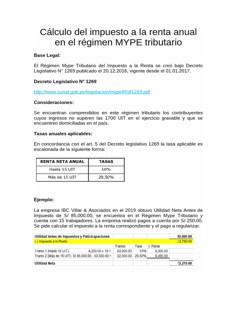 Cálculo Del Impuesto A La Renta Anual en El Régimen MYPE Tributario | PDF