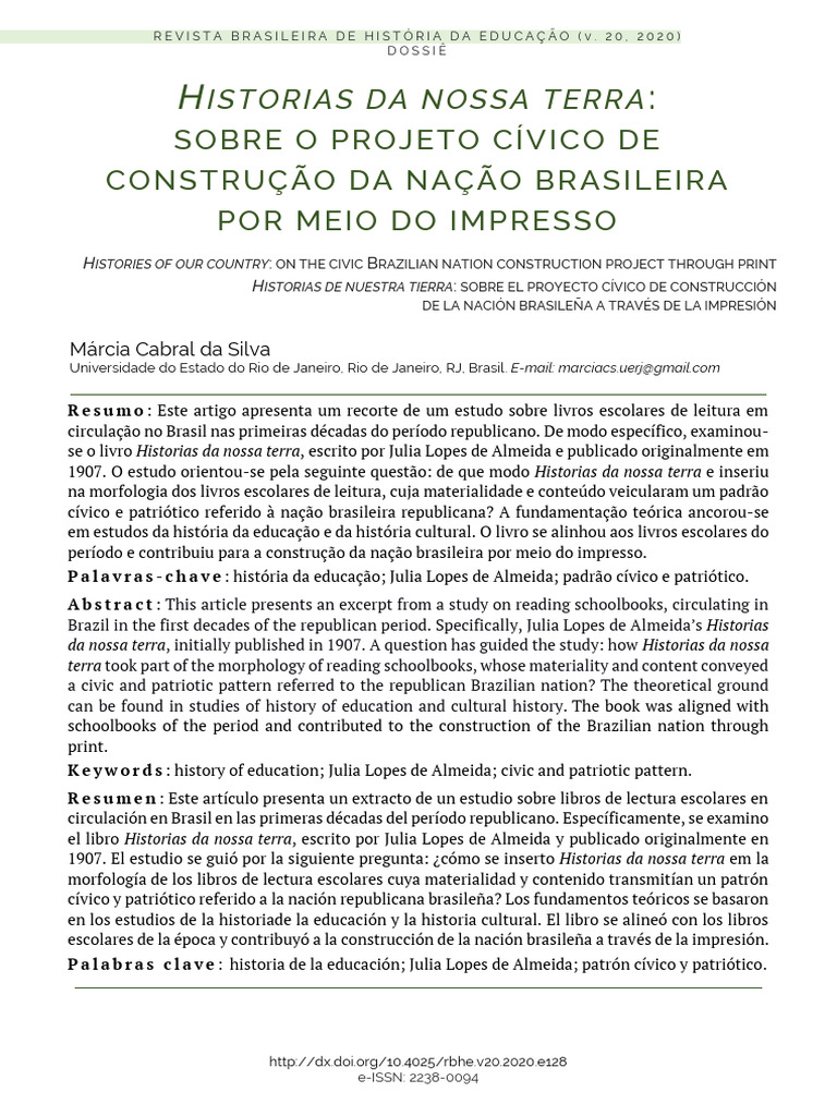 Marcia Cabral Da Silva 2020 o Livro Historias Da Nossa Terra, Escrito Por Julia Lopes de Almeida ...