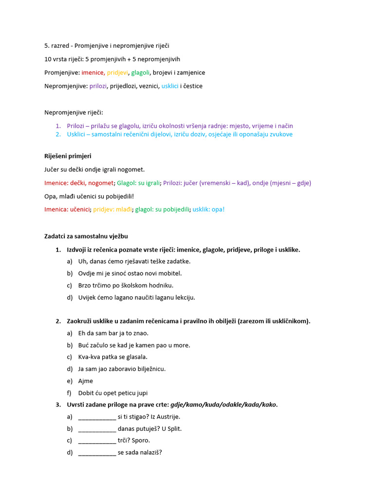 5 Razred Promjenjive I Nepromjenjive Rijeci Prilozi Usklici | PDF
