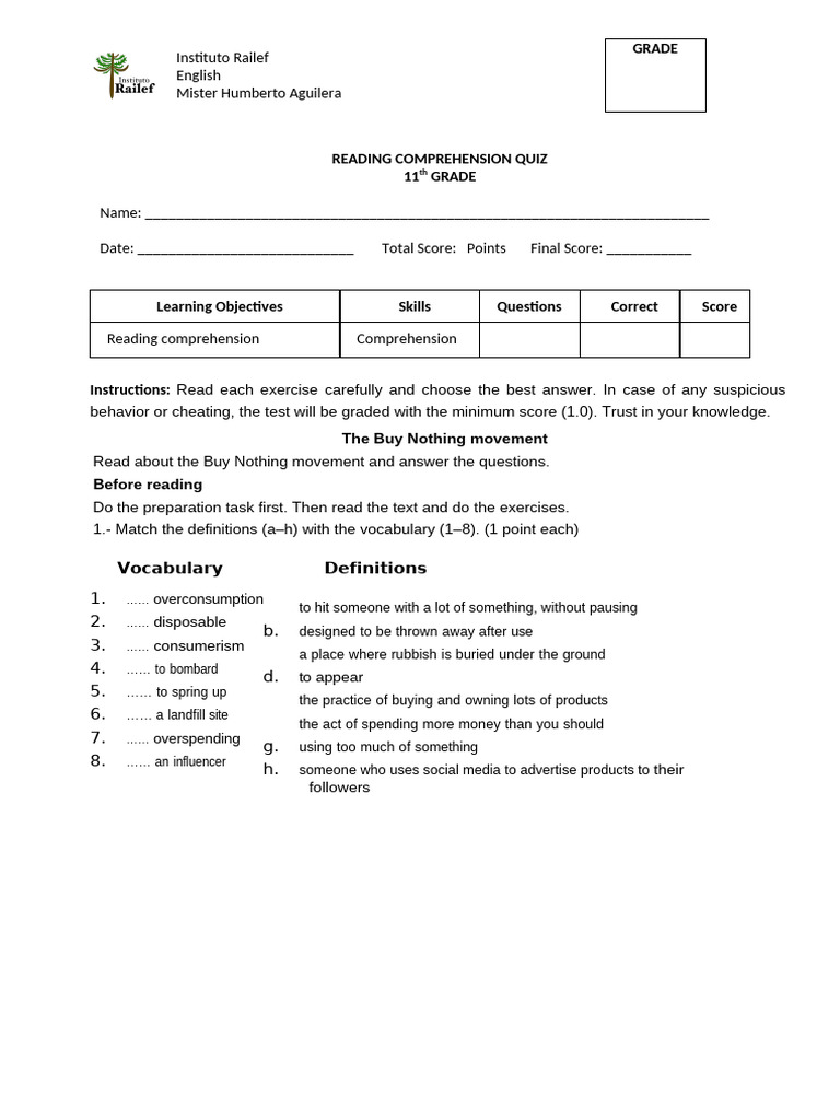 Reading Comprehension 11 Grade | PDF