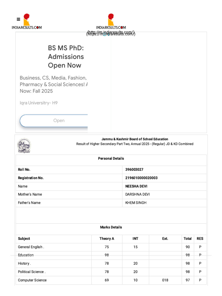 Result of Higher Secondary Part Two, Annual 2025 - (Regular) JD & KD ...