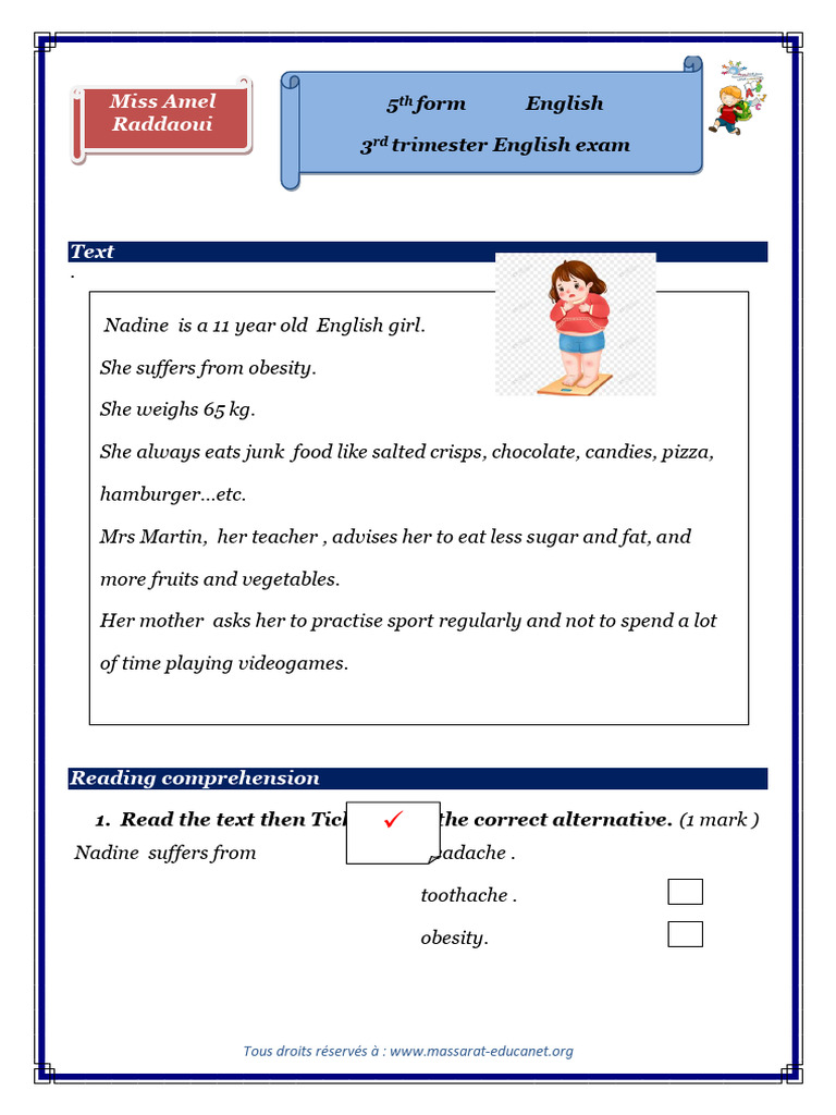 5th Form English 3rd Trimester English Exam Miss Amel Raddaoui | PDF ...