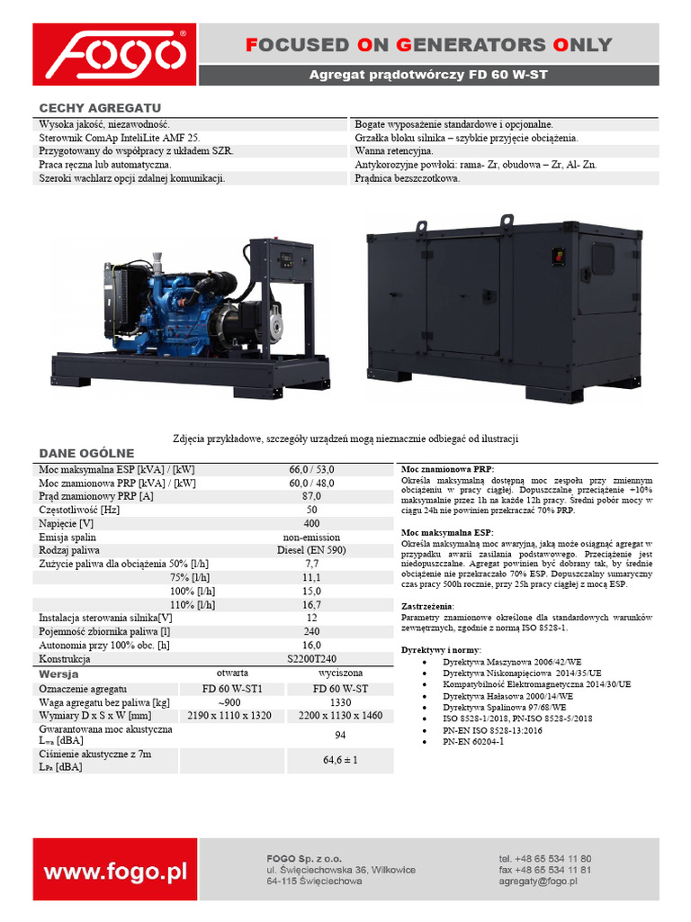 Cechy Agregatu: Agregat Prądotwórczy FD 60 W-ST | PDF