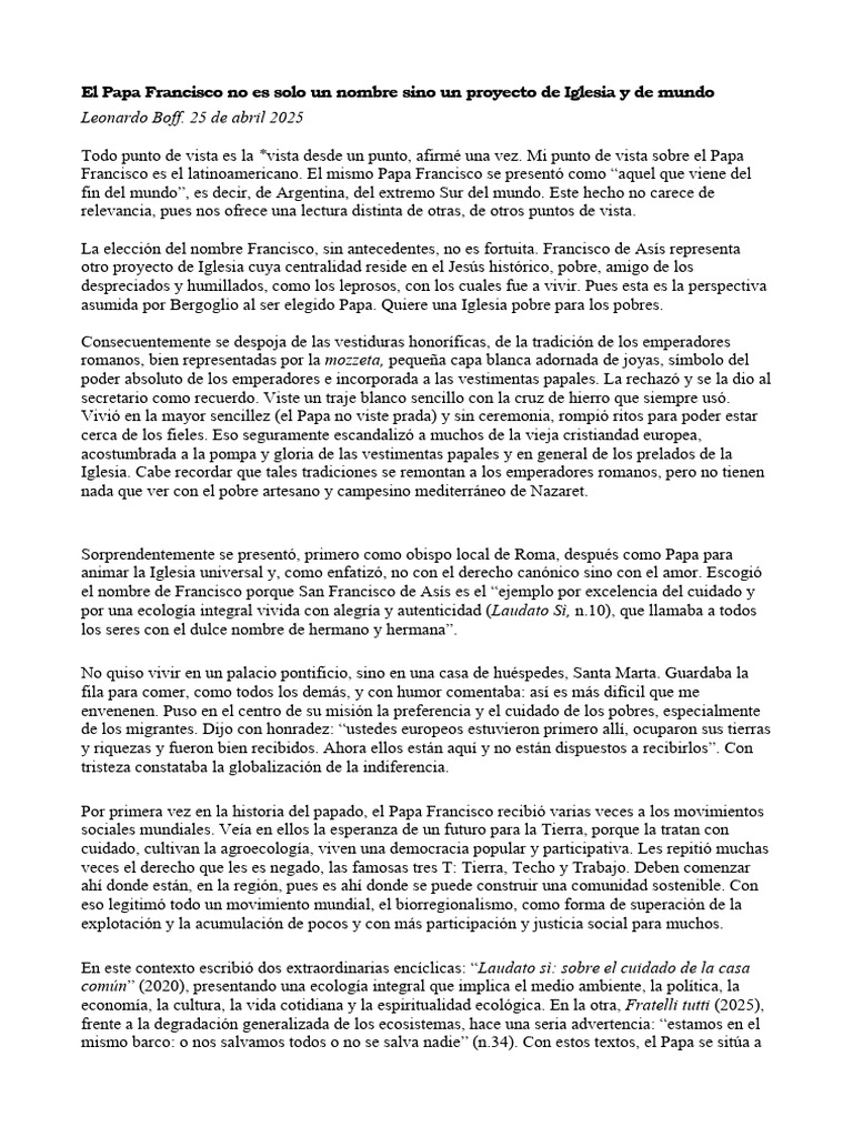 Leonardo Boff El Papa Francisco No Es Solo Un Nombre Sino Un Proyecto ...
