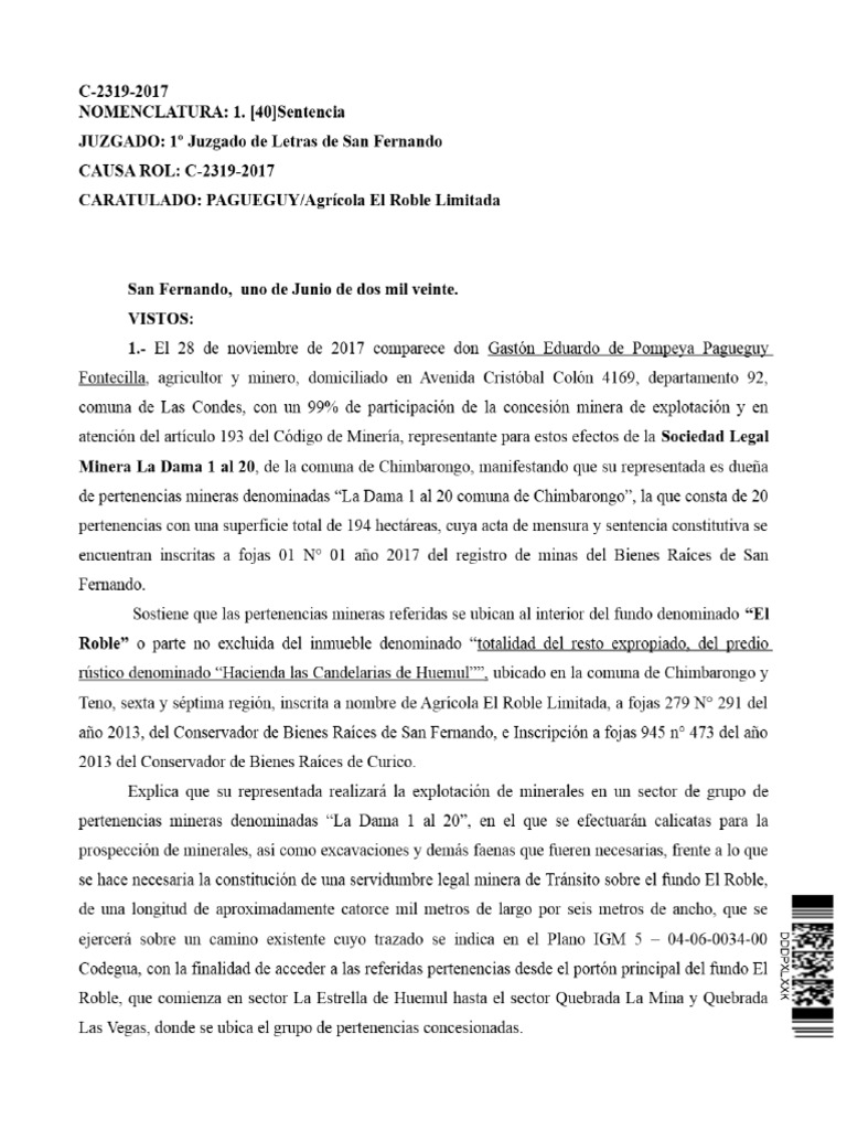 DERECHO REAL CONSERVACIONSentencia Nº C-2319-2017 de 1º Juzgado de Letras de San Fernando, 01-06 ...