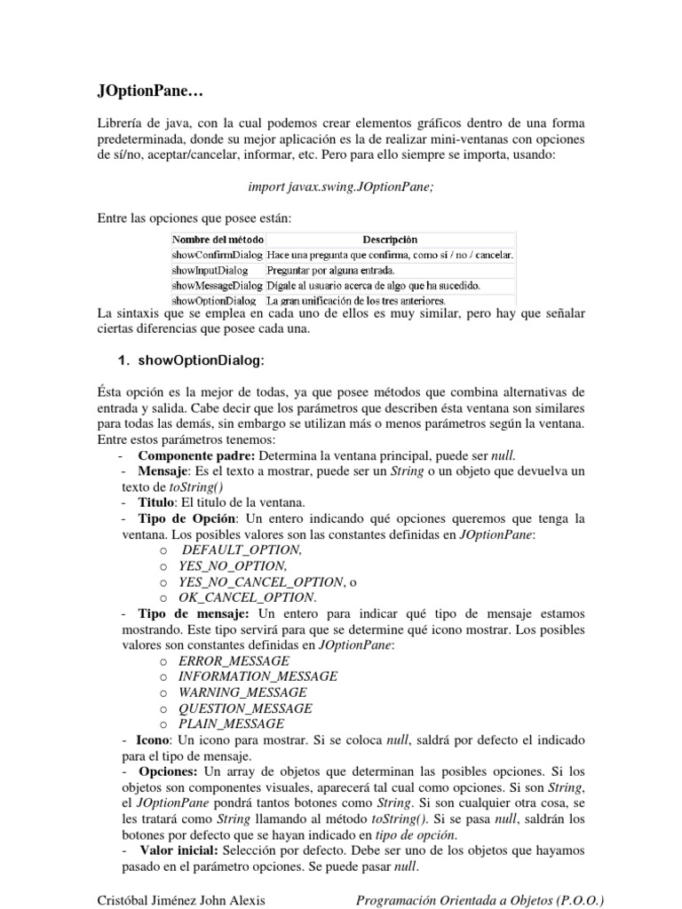 JOption Pane | PDF | Java (lenguaje de programación) | Ventana ...