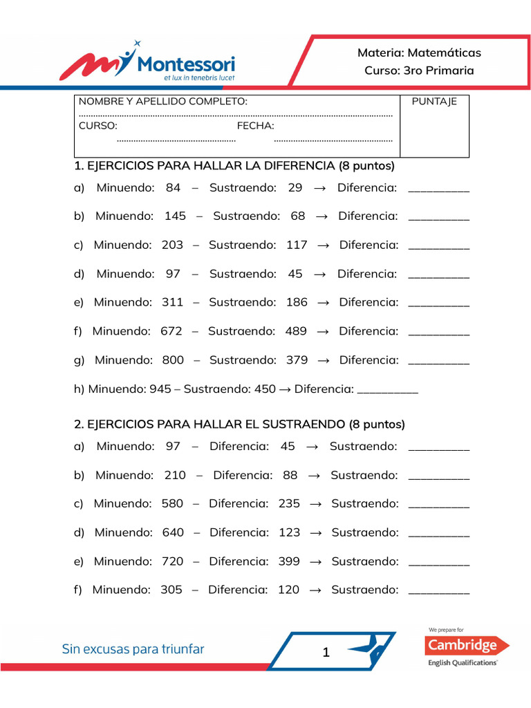 Ejercicios de Matemáticas para 3ro Primaria | PDF | Sustracción | Números