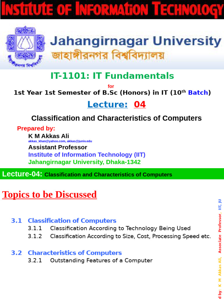 IT-1101 Lecture 04 Classification and Characteristics of Computers | PDF | Microcomputers ...