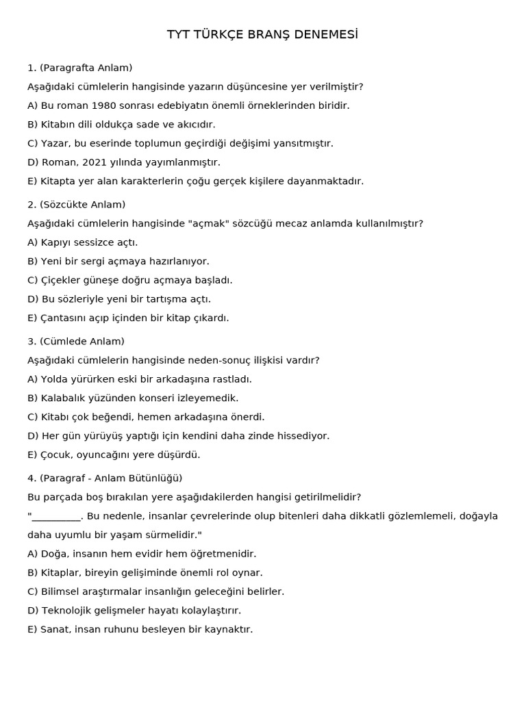 TYT Turkce Brans Denemesi | PDF