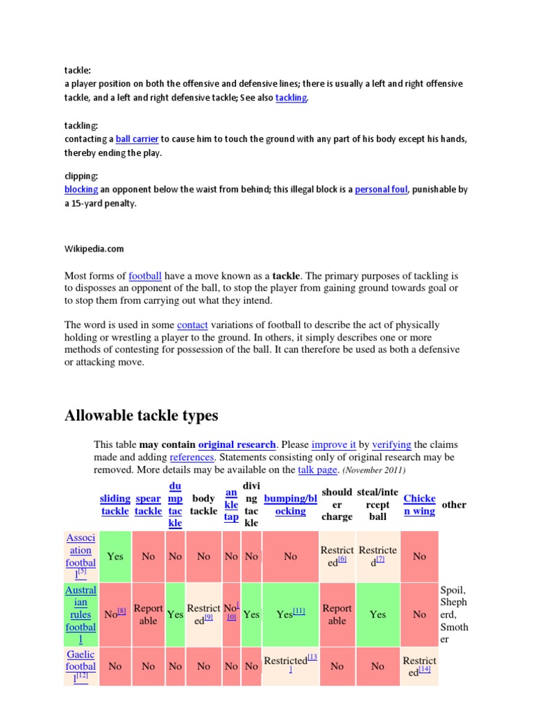 Allowable Tackle Types: Tackling | PDF | Athletic Sports | Football Codes