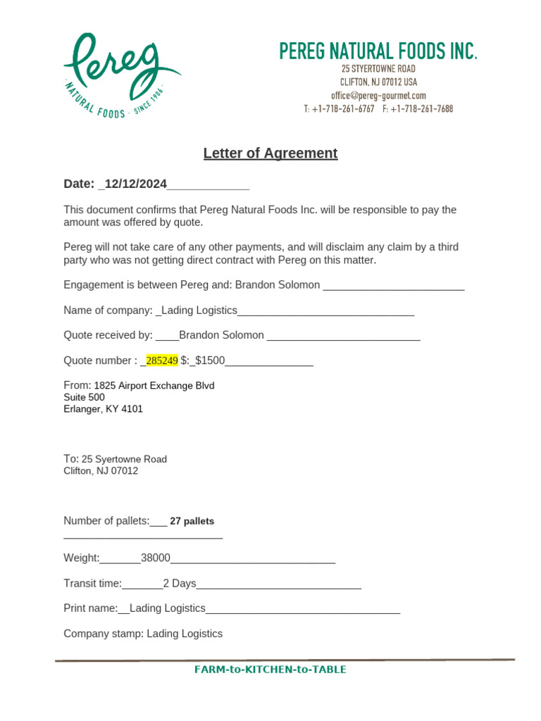 Pereg Shipping Agreement Template | PDF