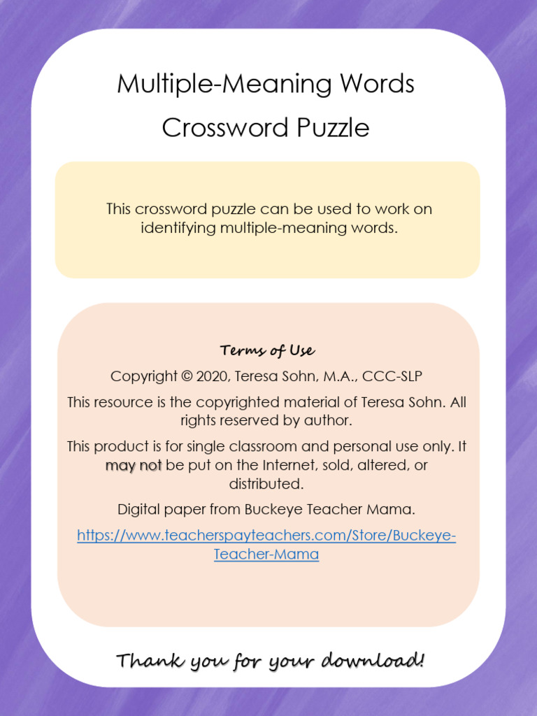 Multiple-Meaning Words Crossword Puzzle: Thank You For Your Download! | PDF