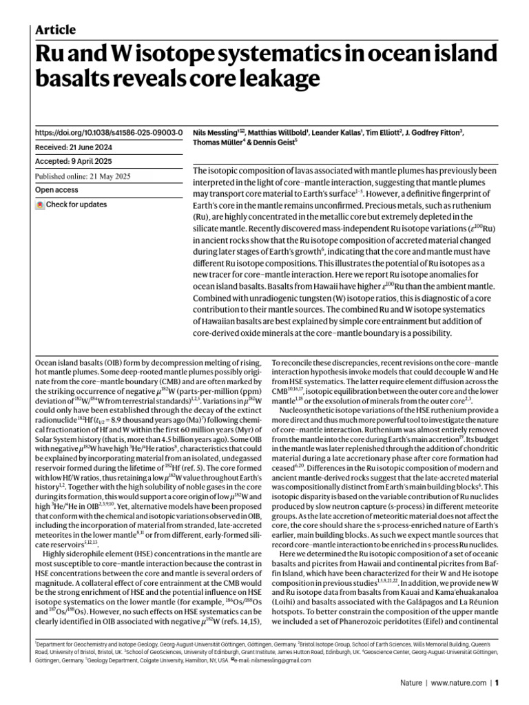 Ru and W Isotope Insights on Core Leakage | PDF | Planetary Core | Basalt