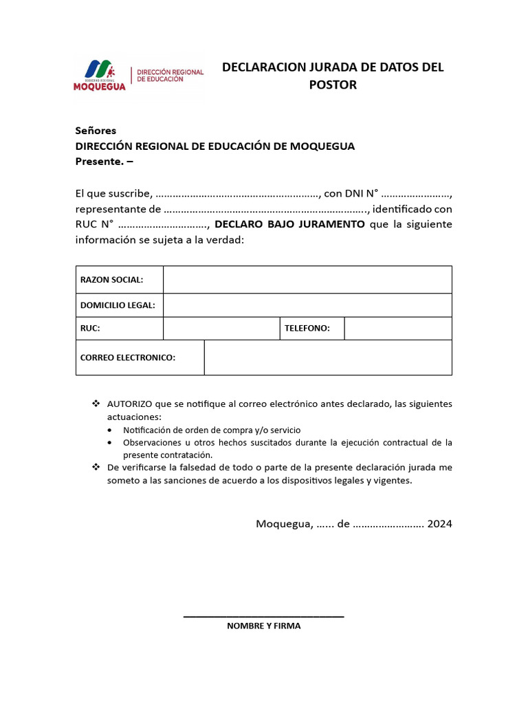 Anexo Declaracion Jurada de Datos Del Postor 2024-4 | PDF