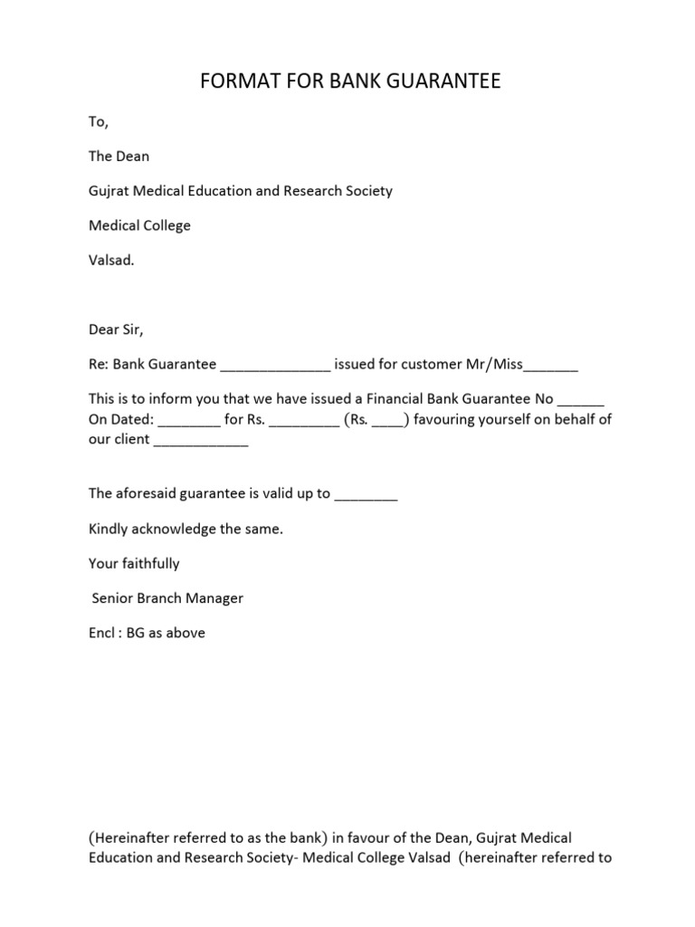 Bank Guarantee Format for Medical Admission | PDF | Guarantee ...