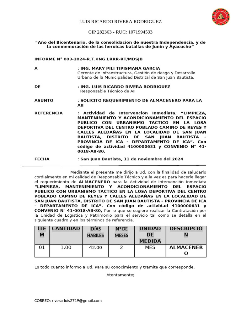 Informe N 03 - Requerimiento de Almacenero | PDF