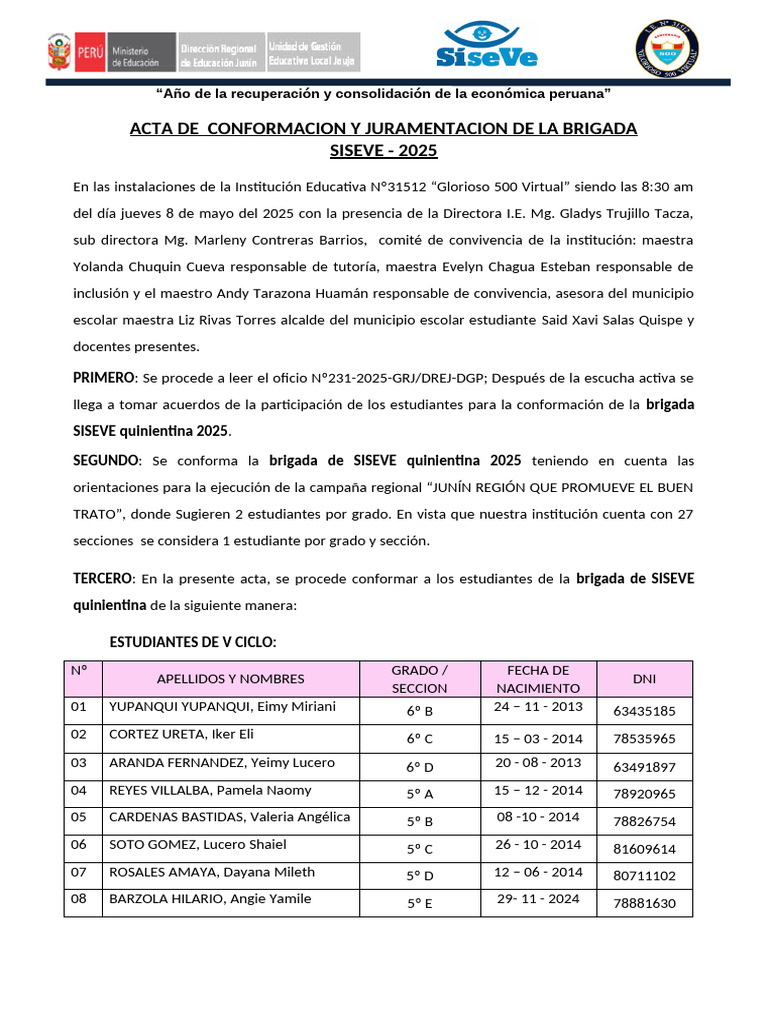 Acta de Conformacion y Juramentacion de La Brigada | PDF