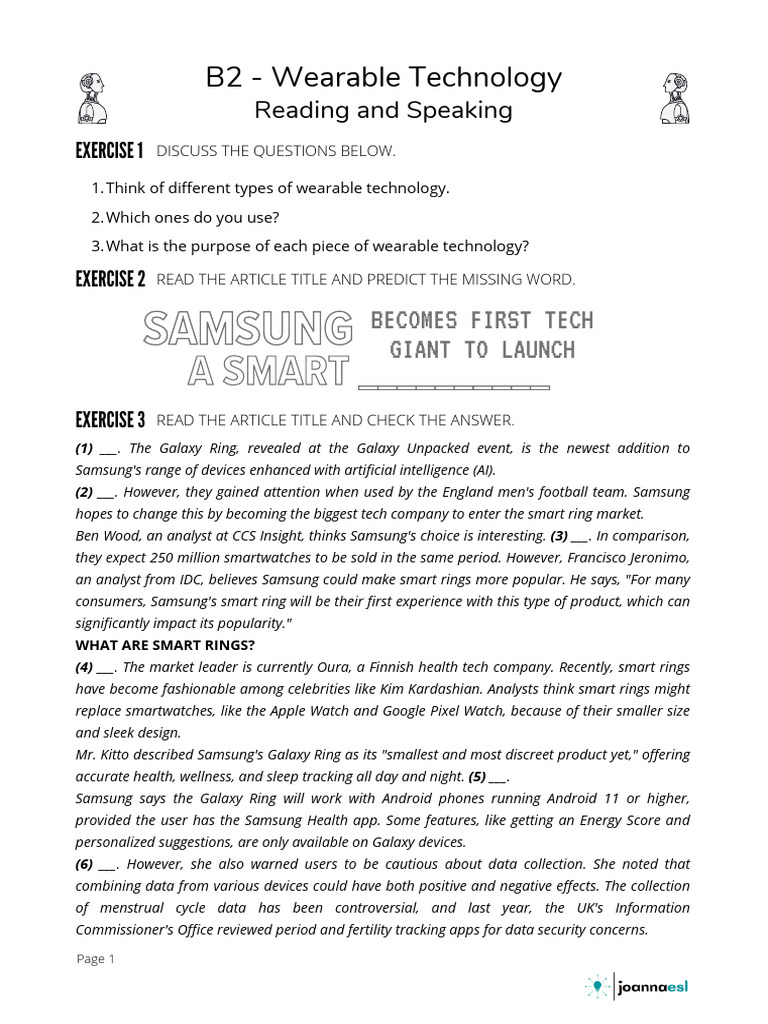 b2 First Smart Watch Reading Worksheet Teachers Notes | PDF ...