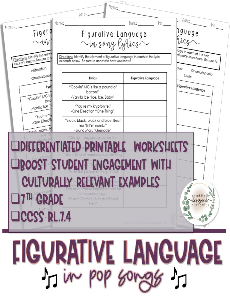 FigurativeLanguageinPopSongsDifferentiatedPrintableWorksheets-1 | PDF ...