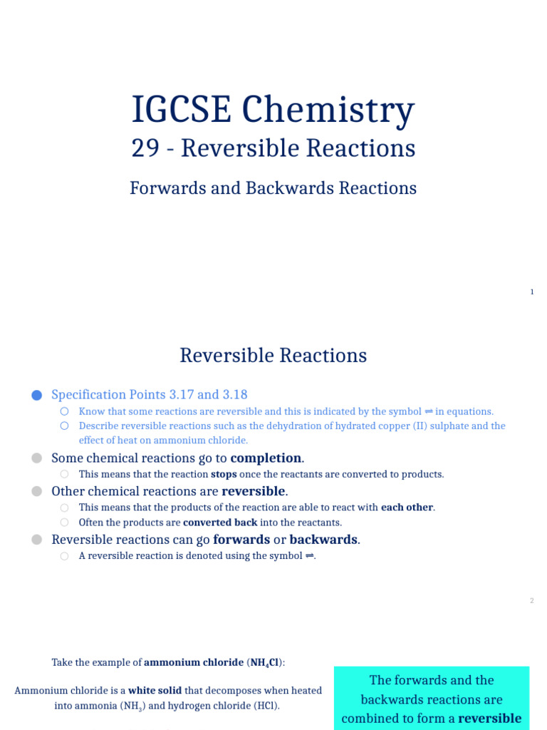 IGCSE Chemistry Lecture 29 - Reversible Reactions | PDF | Chemical ...