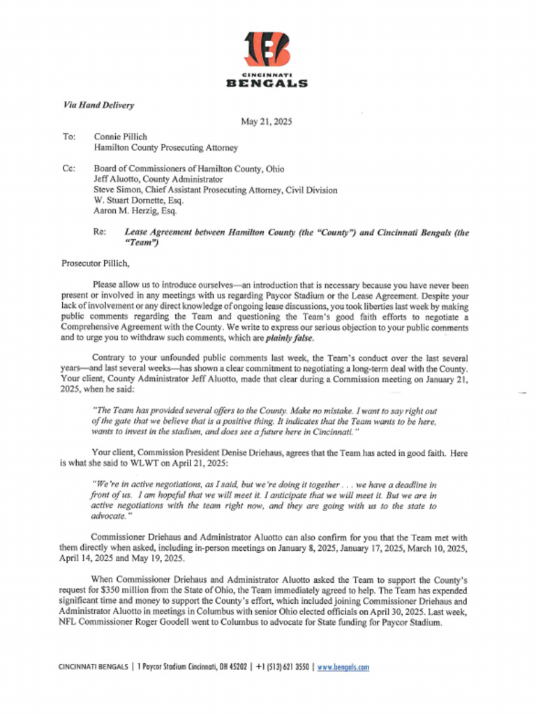 Bengals Letter To County Prosecutor and Administration | PDF
