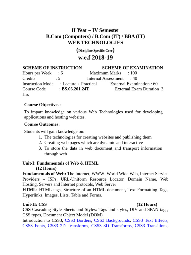 WEB TECHNOLOGIES Syllabus | PDF | World Wide Web | Internet & Web