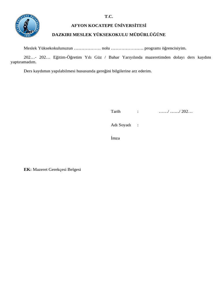 Mazeretli Ders Kayit Dilekcesi | PDF