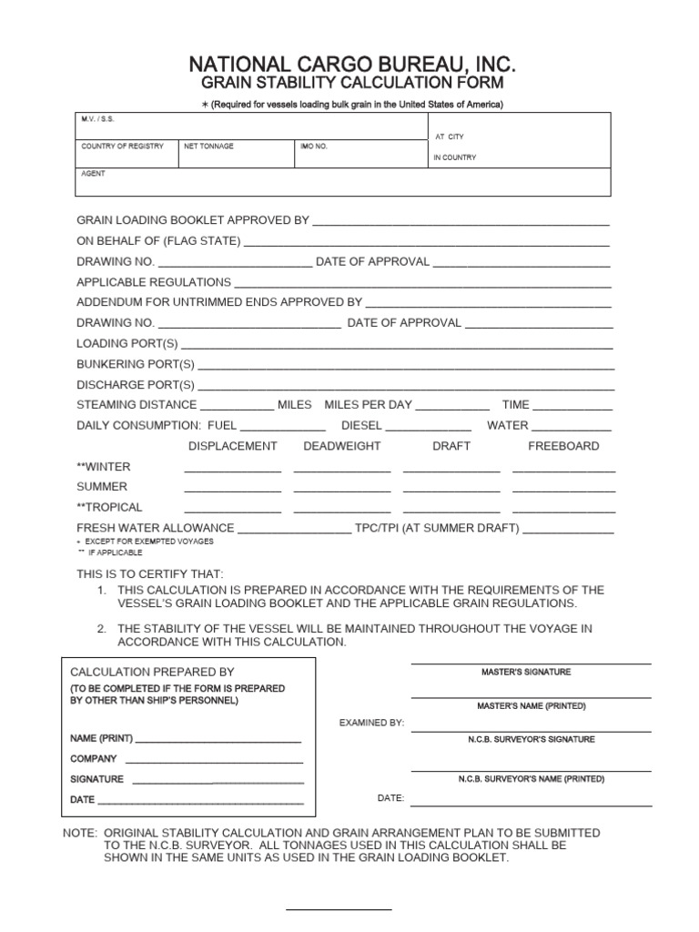 NCB Form-Grain Stability Calculation For | PDF