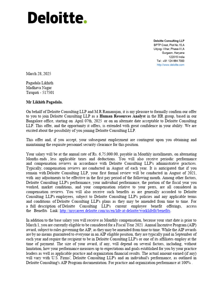 Deloitte Offer Letter - Likhith Pagadala | PDF | Employment | Salary