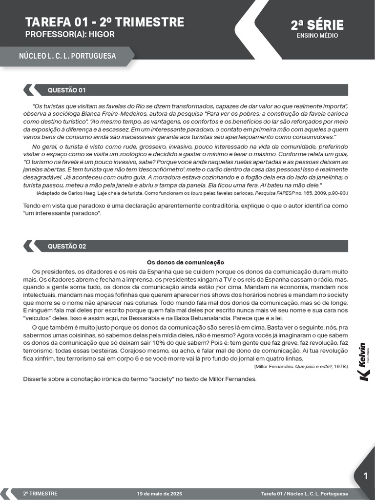(19.05) NÃ CLEO L. PORTUGUESA - 2Âª SÃ RIE - TAREFA 01 - 2Âº TRIMESTRE | PDF | Turismo